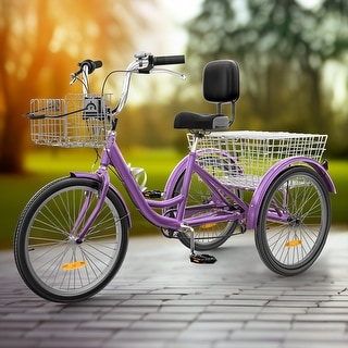 24"/26" Purple Adult Tricycle 7 Speed Trike Bike with Shimano Shifting with Removable Baskets ...